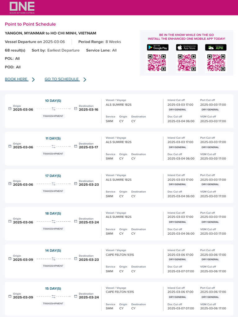ONE P2P Schedule MMRGN To VNSGN 20250205 | PDF | Freight Transport