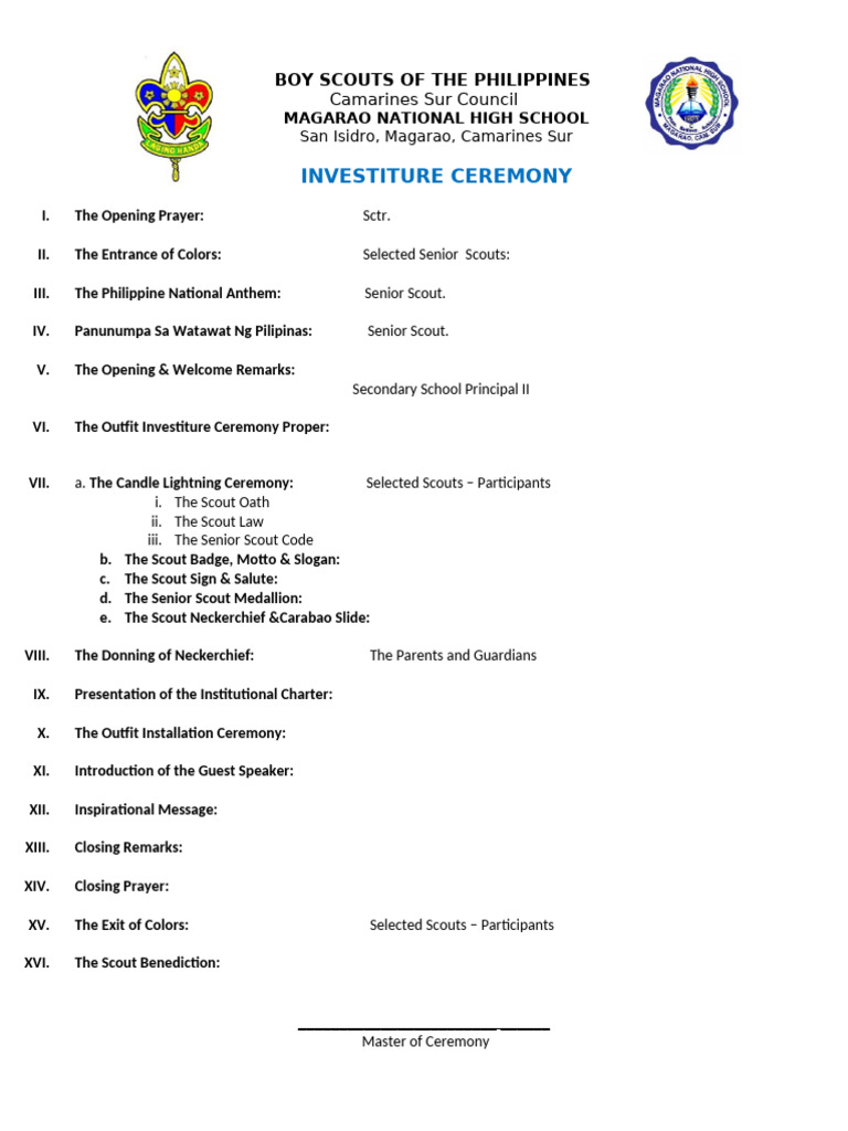 Investiture Ceremony Script | PDF | Scouting