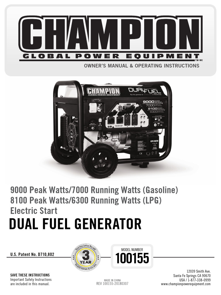 Champion Generator Users Manual | PDF | Liquefied Petroleum Gas | Gasoline