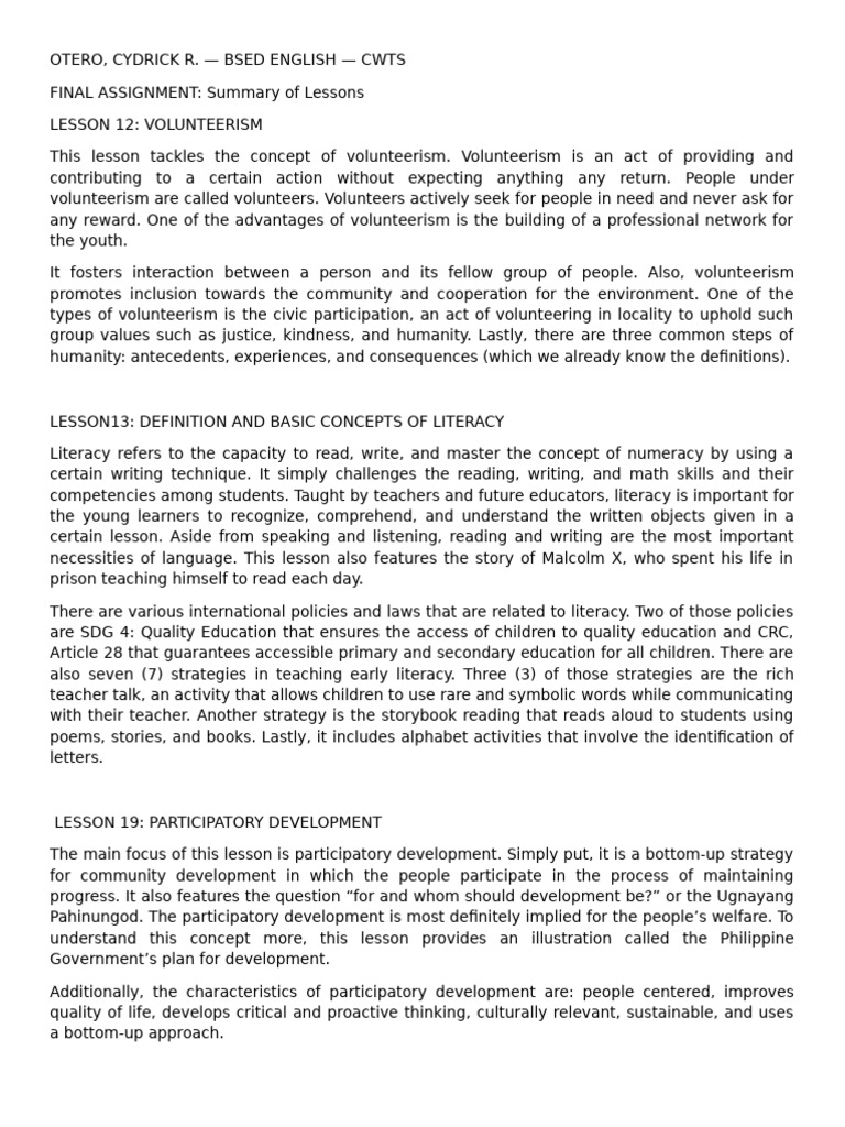 OTERO NSTP SUMMARY | PDF | Literacy | Learning