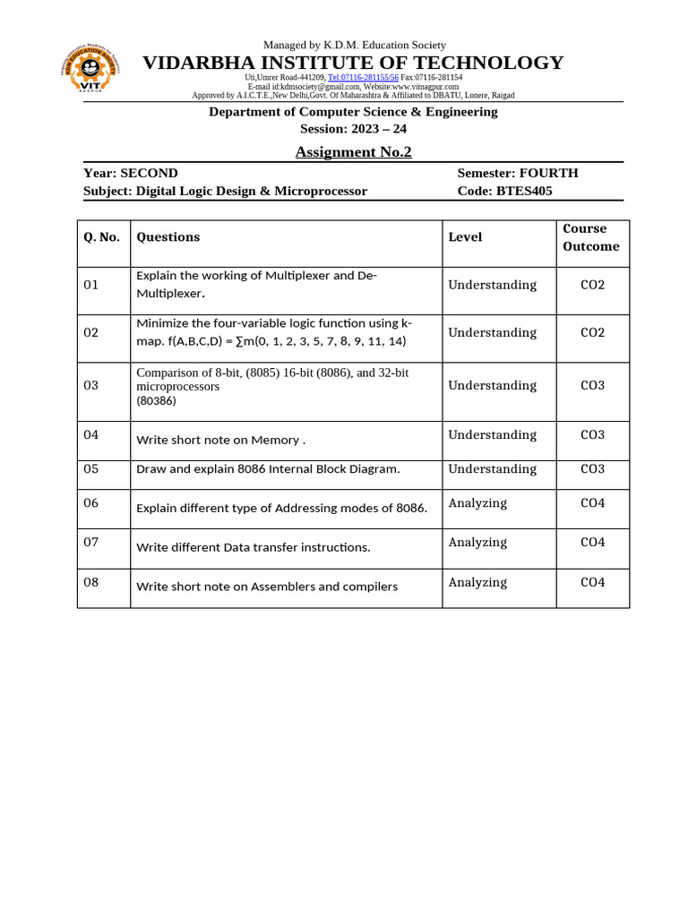 Digital Logic & Microprocessor Assignment | PDF