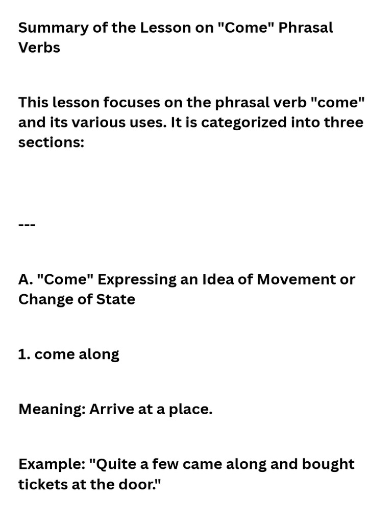 "Come" Phrasal Verbs Guide | PDF | Subject (Grammar) | Syntax