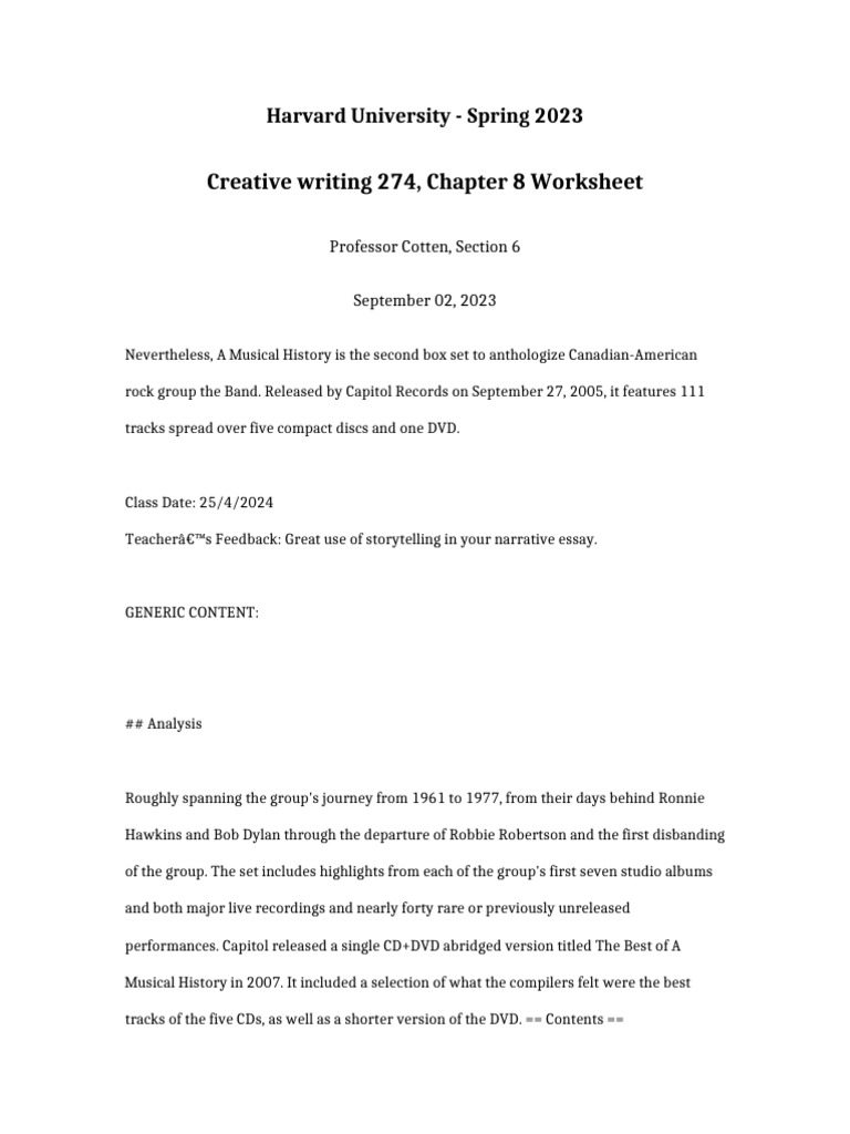 Creative Writing 274 Chapter 8 Worksheet | PDF | Music Industry | Rock ...
