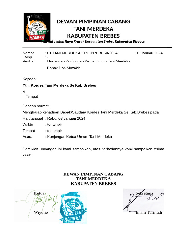 Surat Undangan Kordes Tani Merdeka-Kunjungan Ketum | PDF
