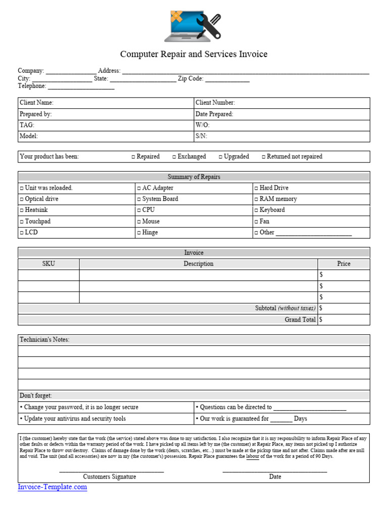 Computer Repair Invoice Template | PDF | Video Game Platforms | Computer Engineering