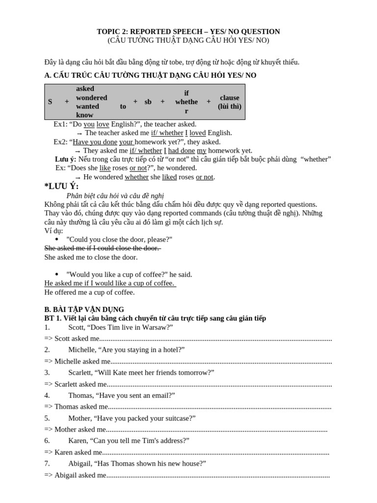 Reported Speech: Yes/No Questions Guide | PDF
