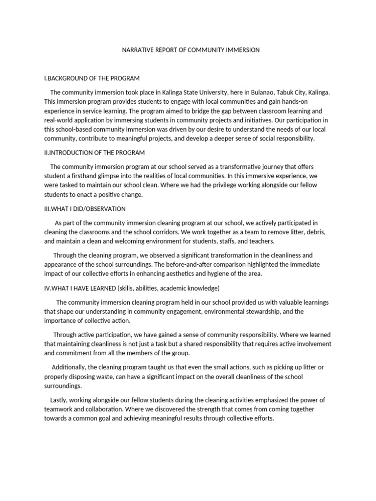 Community Immersion Cleaning Program | PDF | Learning | Cognition