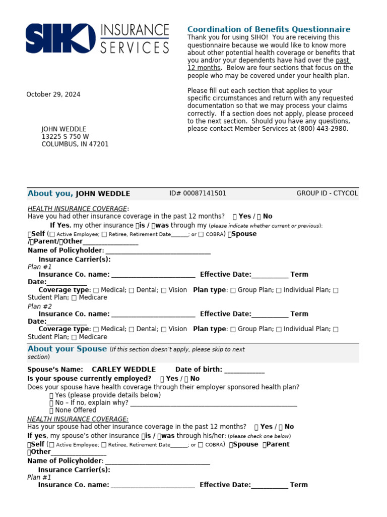 Coordination of Benefits Questionnaire Form | PDF | Insurance | Medicaid