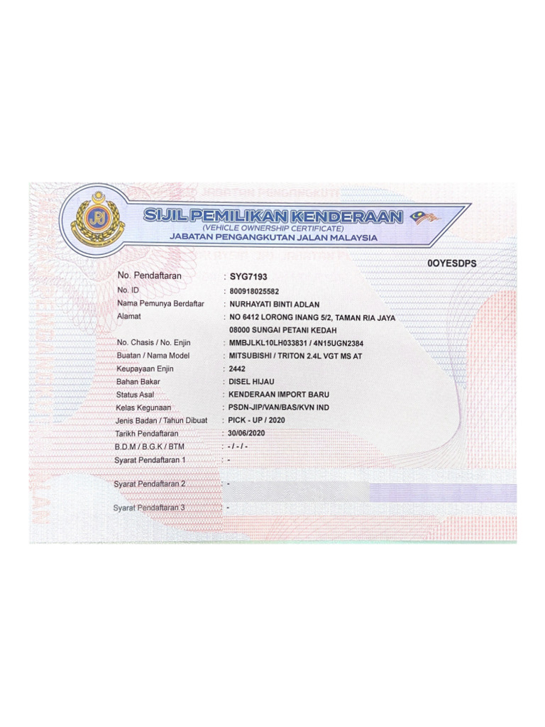 Vehicle Ownership Certificate | PDF