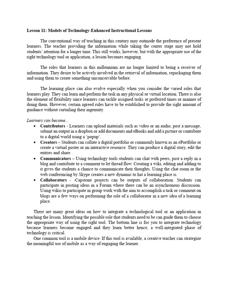 Lesson 11 - Models of Technology-Enhanced Instructional Lessons | PDF ...