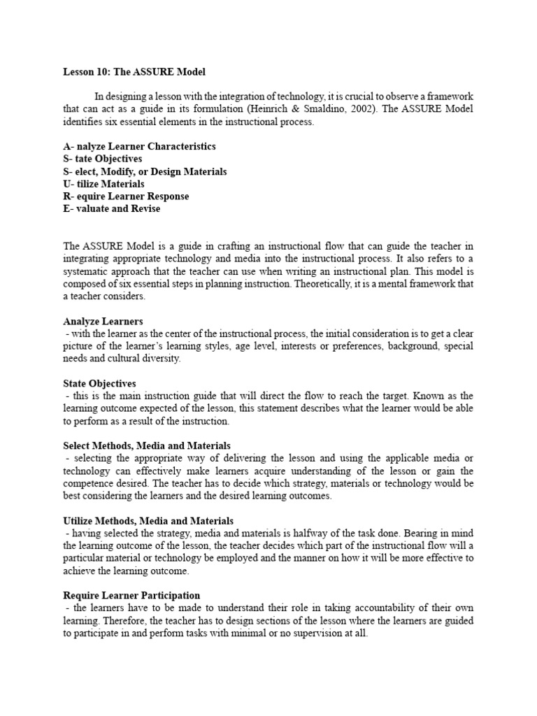 Lesson 10 - The ASSURE Model | PDF | Learning | Teachers
