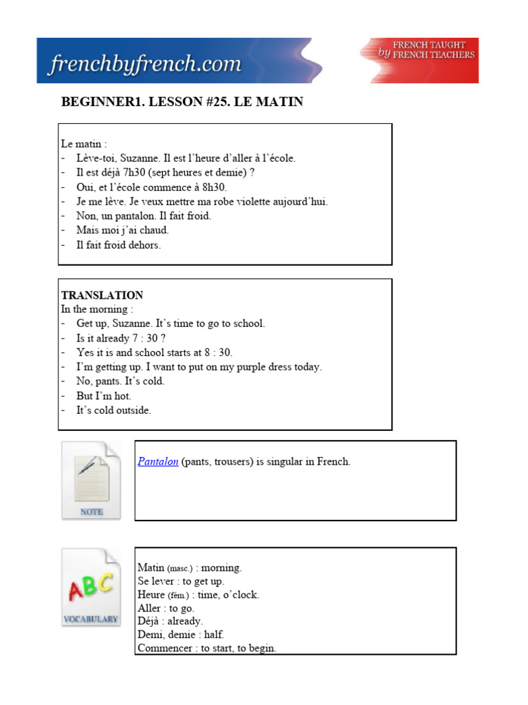 French Lesson 25: Morning Routine | PDF