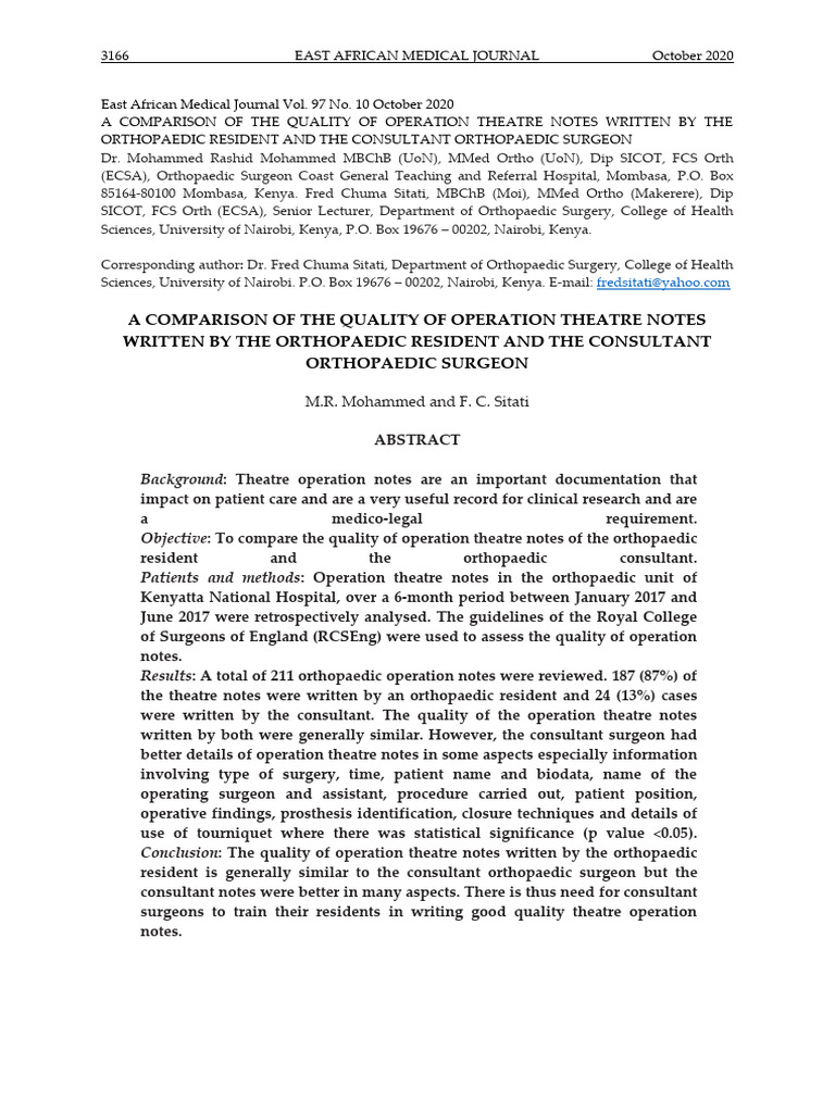 A Comparison of The Quality of Operation Theatre Notes Written by The ...
