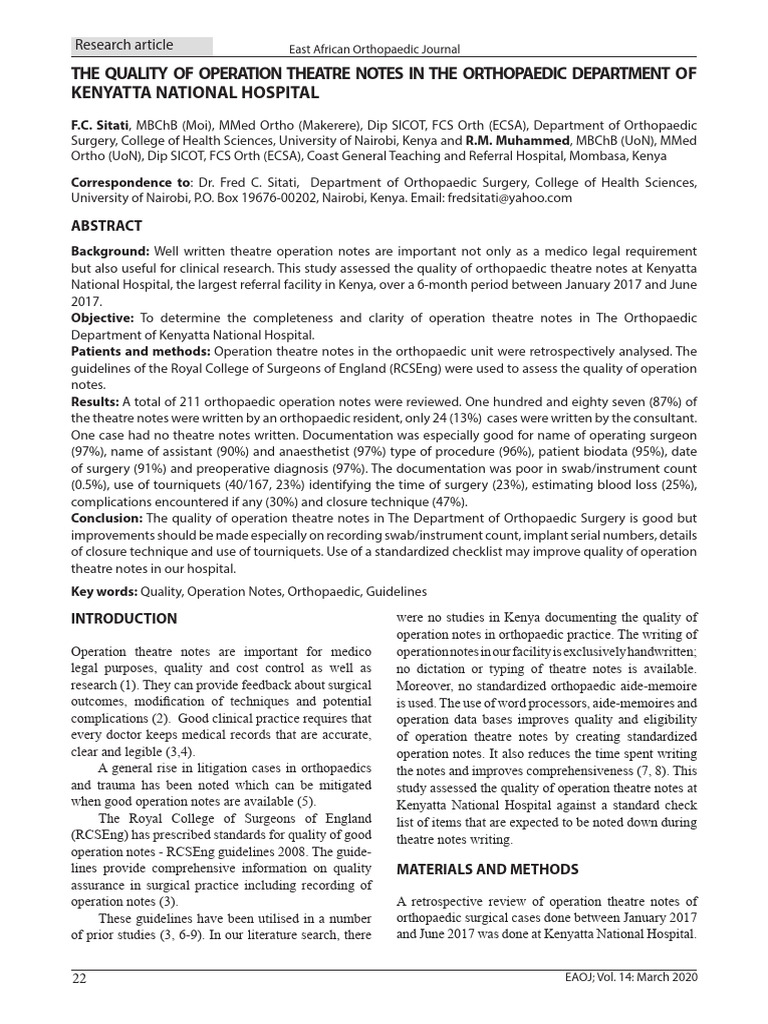 Quality of Orthopaedic Theatre Notes | PDF | Surgery | Orthopedic Surgery
