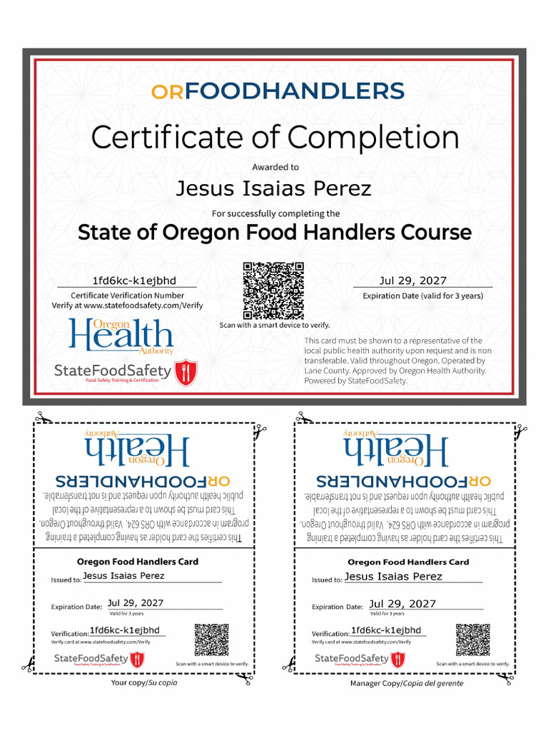 Oregon Food Handlers Certificate | PDF