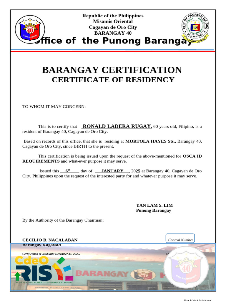 Barangay 40 Residency Certificate | PDF
