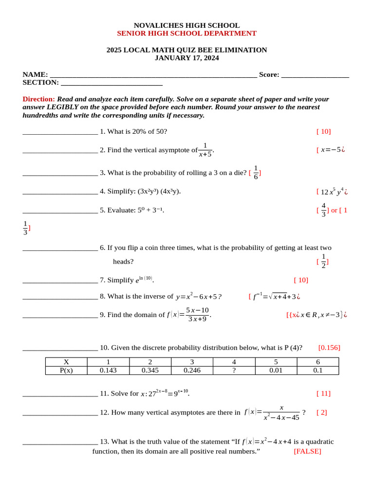 2025 Math Quiz Bee Elimination Test | PDF | Mathematics