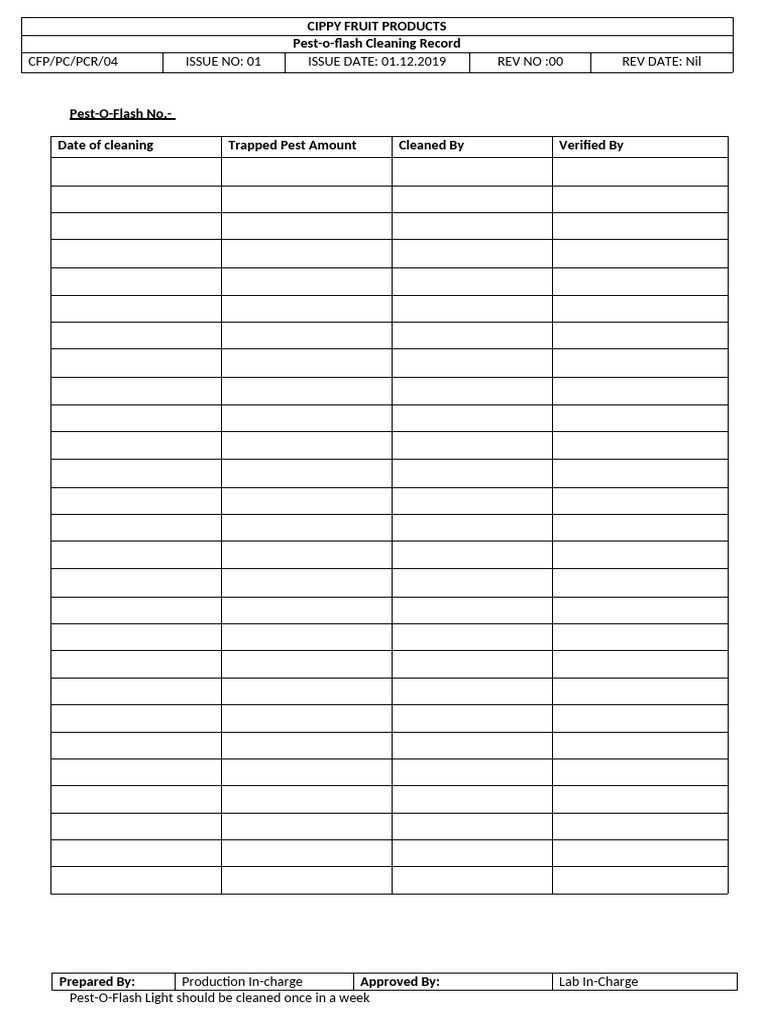 Weekly Pest Control Cleaning Record | PDF