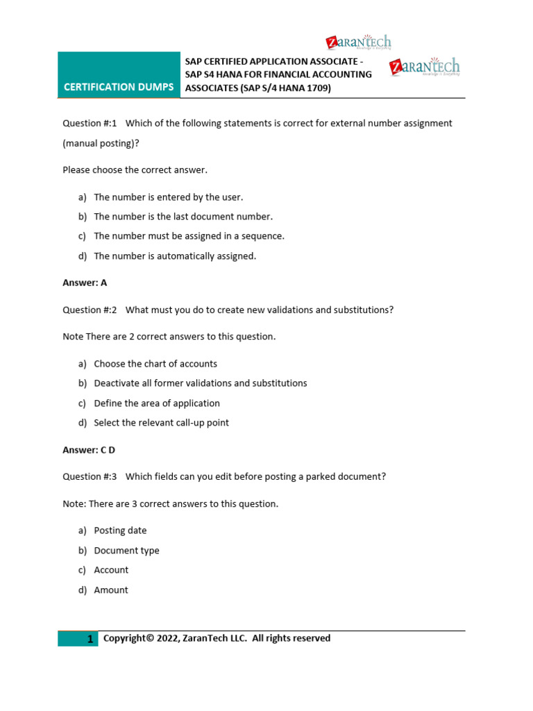 SAP Financial Accounting Certification Dump 172 Questions | PDF ...