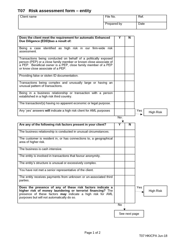 T07 Risk Assessment Form - Entity | PDF | Private Law | Business Law
