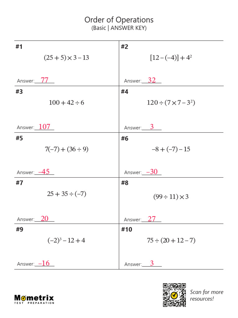 Order of Operations Answer Keys | PDF