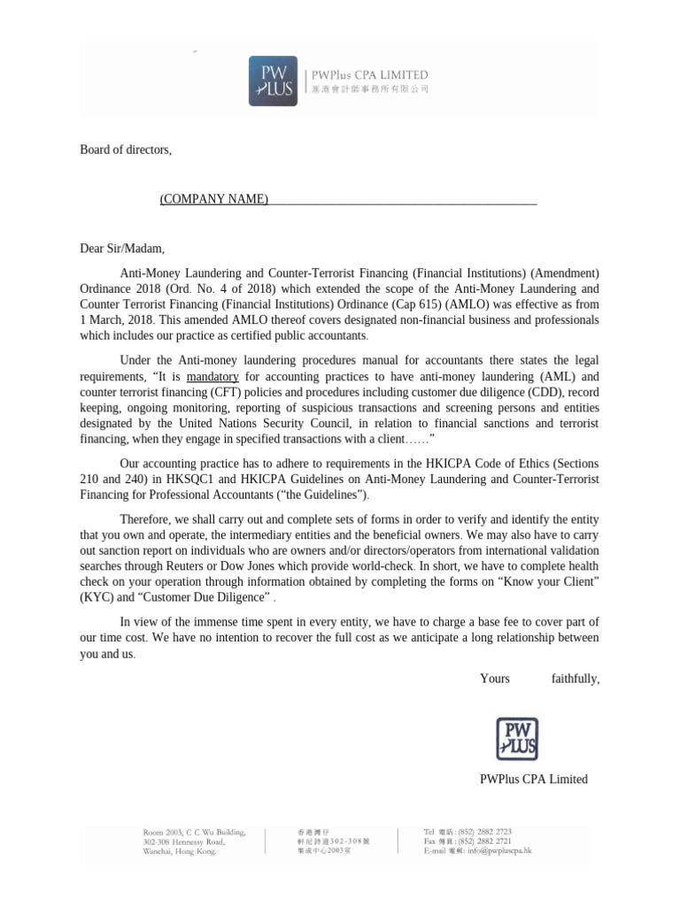 Anti Money Laundering Cover Letter and Fee Schedule (With Letter Head ...