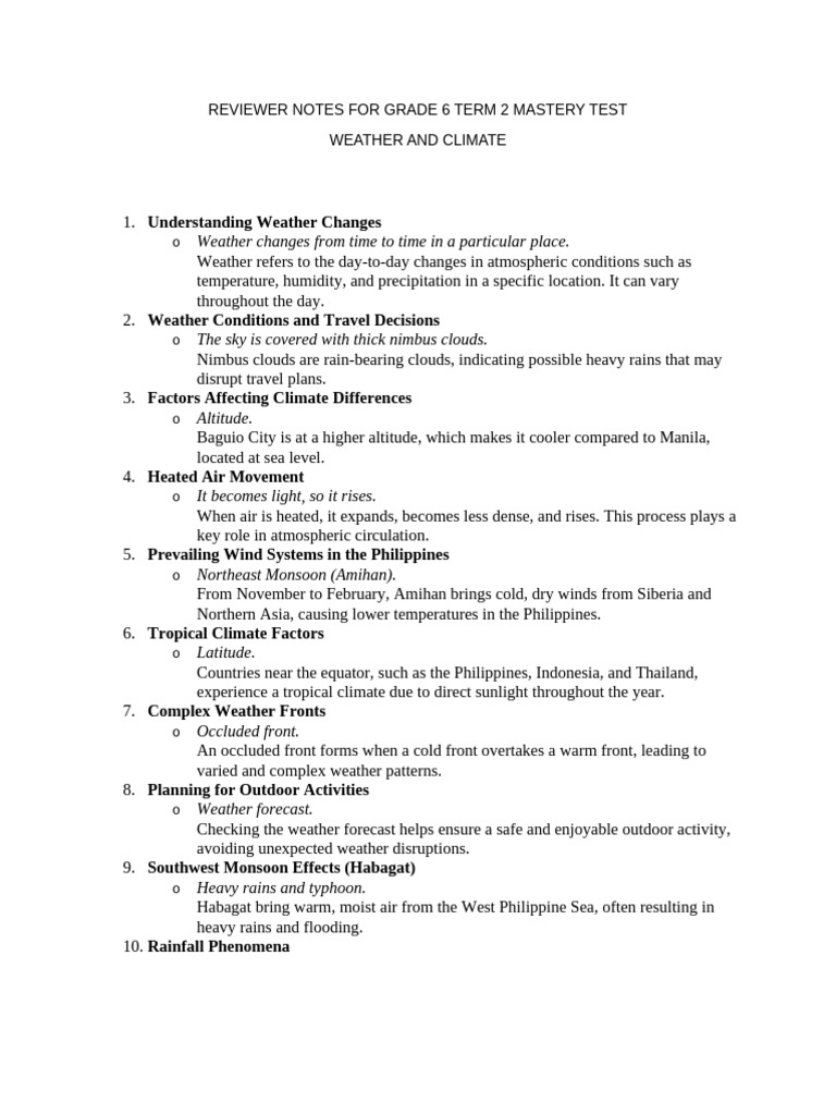 Reviewer Notes For Grade 6 Term 2 Mastery Test | PDF | Weather | Monsoon