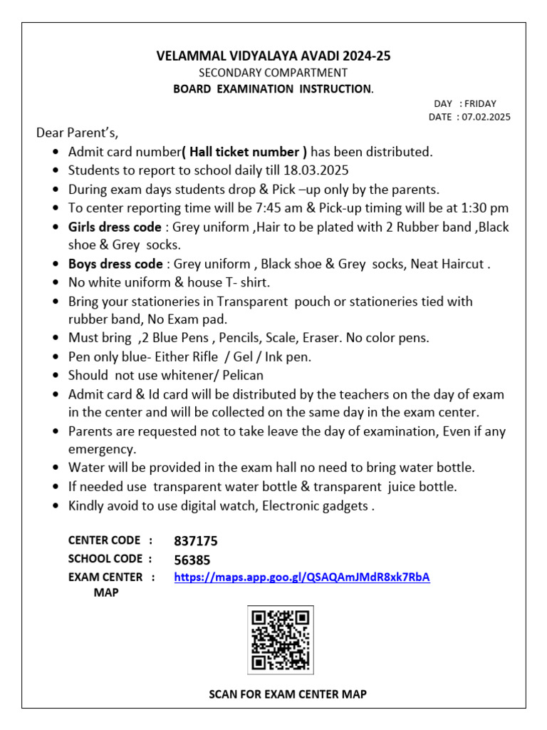 Class X - Board Exam Instruction | PDF