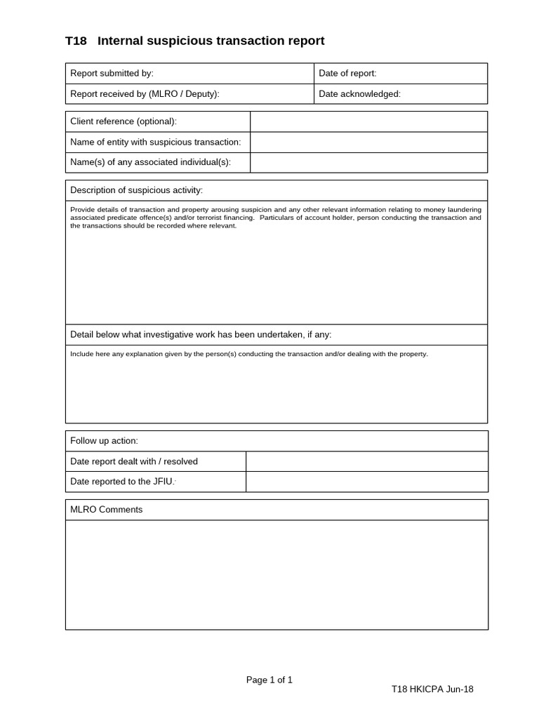 T18 Internal Suspicious Transaction Report | PDF