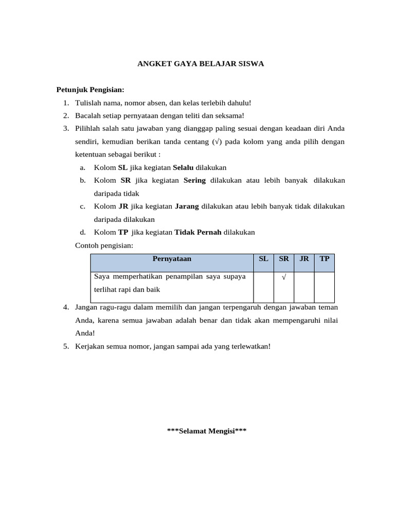 Print Angket Gaya Belajar | PDF