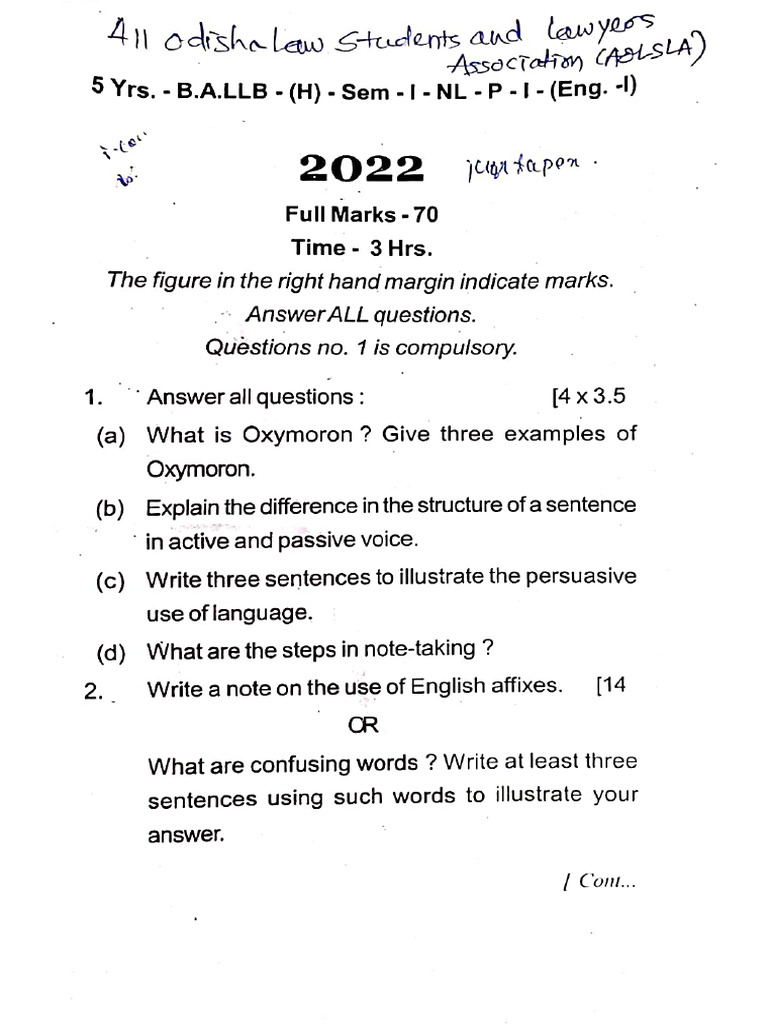 5 Years Ballb Sem-1 English 2022 | PDF