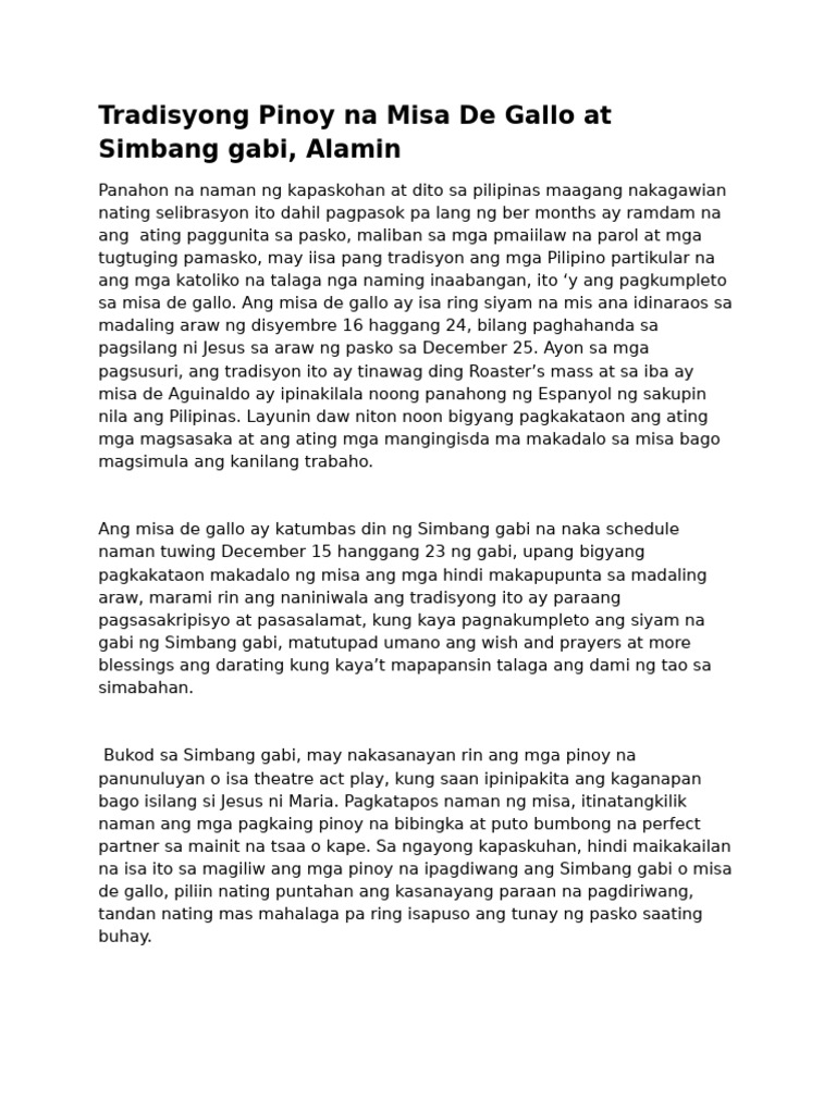 Tradisyong Pinoy na Misa De Gallo at Simbang gabi, report | PDF