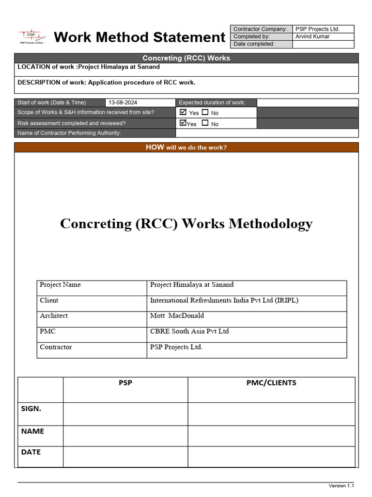 4.0 Wms of Rcc Work | PDF | Concrete | Crane (Machine)