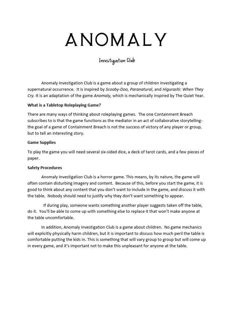 Anomaly Investigation Club Version 1 | PDF | Narration | Role Playing Games