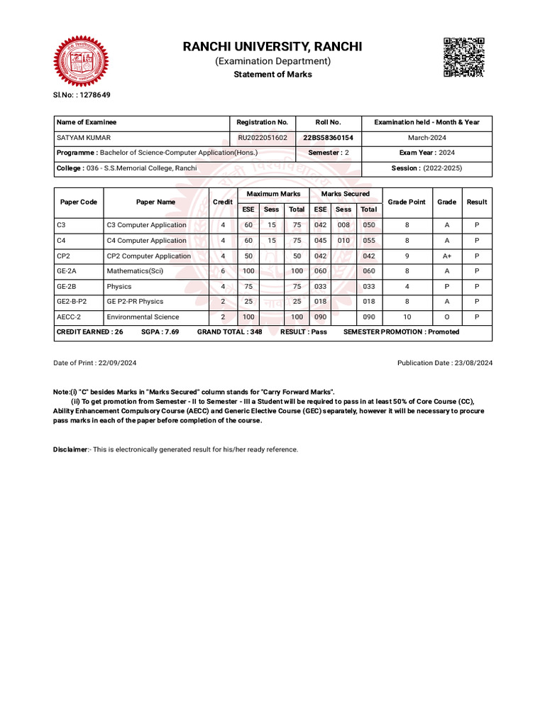 Semester 2 Marks Statement - B.Sc. CA | PDF | Educational Stages | Qualifications