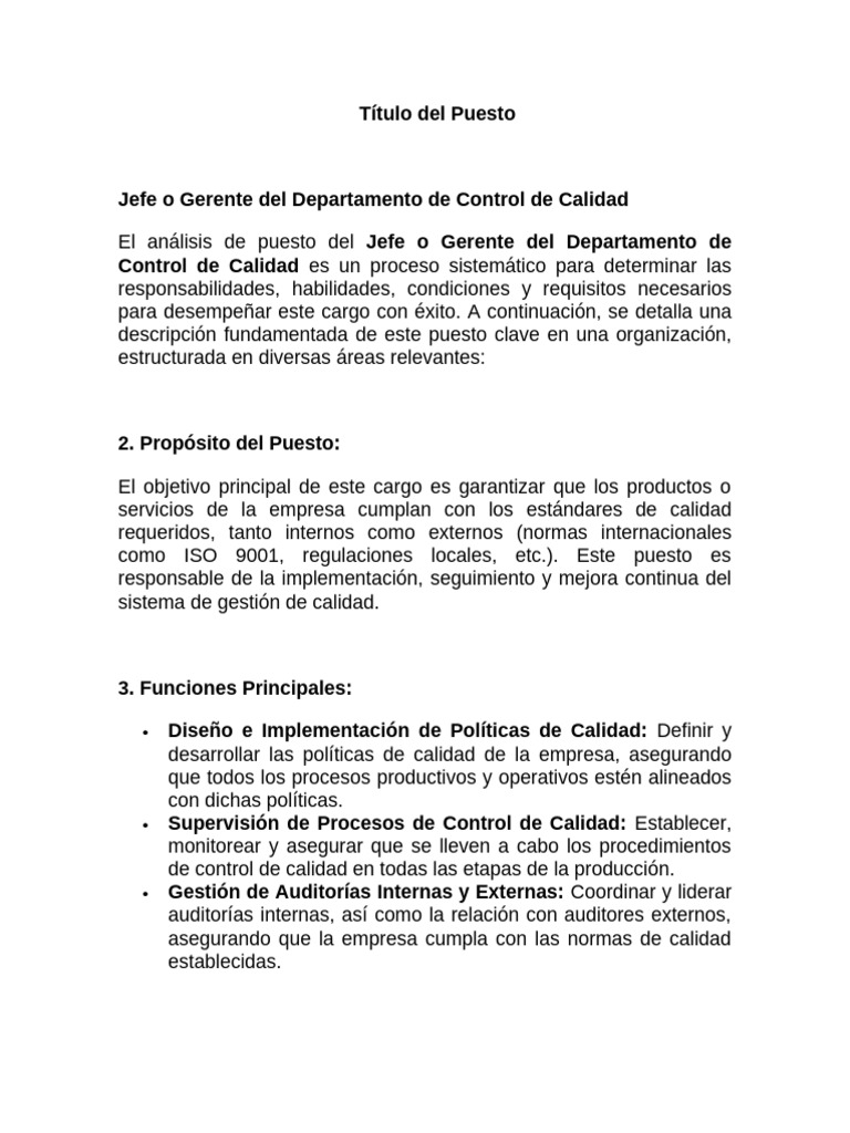 Jefe de Control de Calidad: Funciones y Requisitos | PDF | Calidad ...