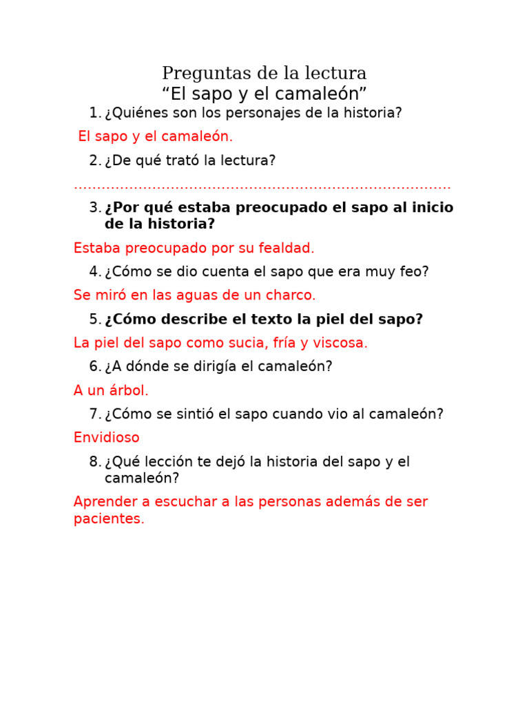 Preguntas sobre "El sapo y el camaleón" | PDF