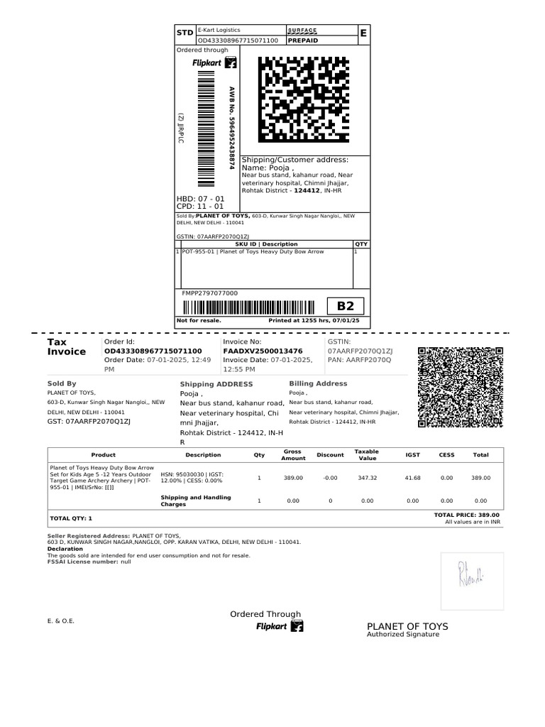 Invoice for Planet of Toys Bow Arrow | PDF | Public Finance | Economy ...
