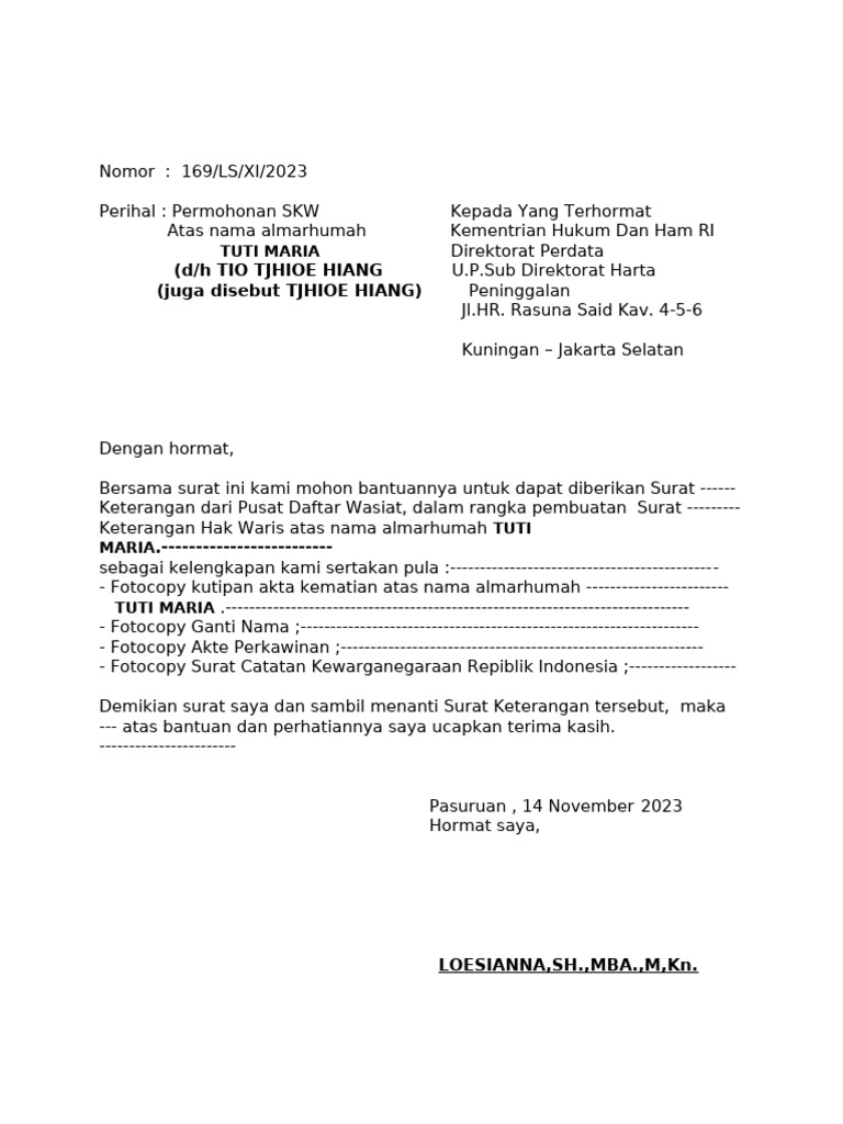 Permohonan SKW untuk Hak Waris | PDF