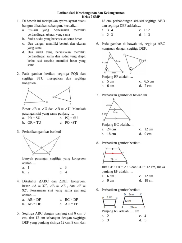Soal Matematika Kls 7 Kesebangunan Dan Kekongruenan | PDF