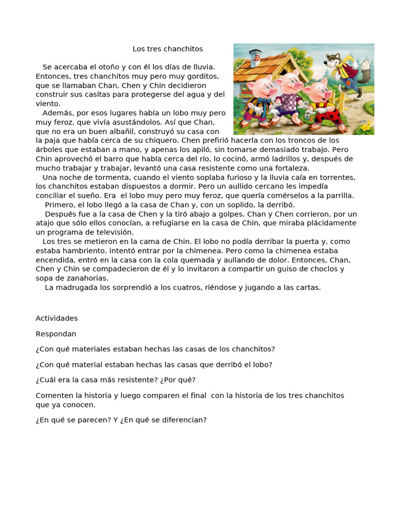 Los Tres Chanchitos: Cuento y Actividades | PDF