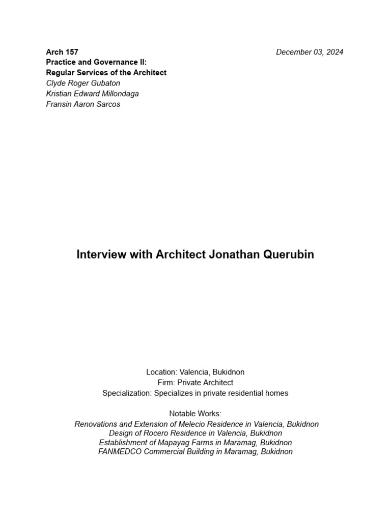 Interview With An Architect Paper - Gubaton Millondaga Sarcos | PDF | Sustainable Design | Architect