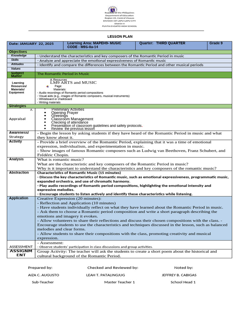 Lesson Plan in Music January 5-8 | PDF | Romantic Music | Lesson Plan