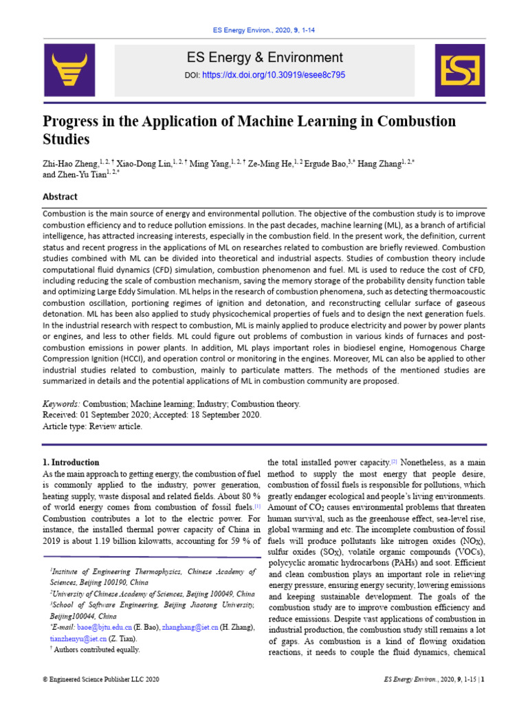 Progress in the Application of Machine Learning in Combustion Studies | PDF | Machine Learning ...