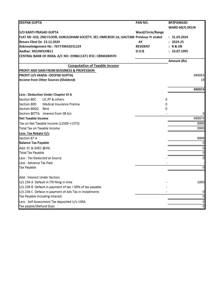 Deepak Gupta 2024 Tax Return Summary | PDF | Taxes | Income
