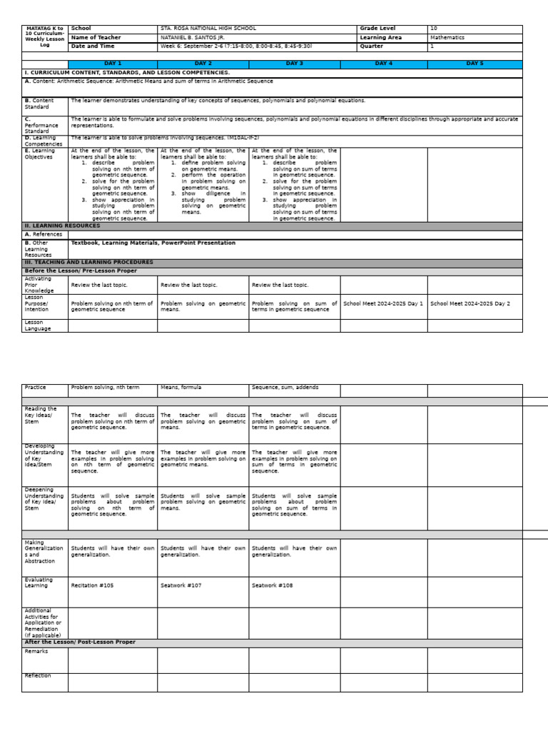 JHS Matatag Lesson Exemplar Mathematics10 1week6 | PDF | Geometry ...