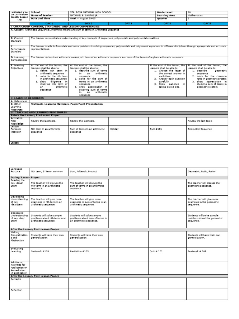 JHS-Matatag-Lesson-Exemplar-Mathematics10-1week4 | PDF | Arithmetic ...