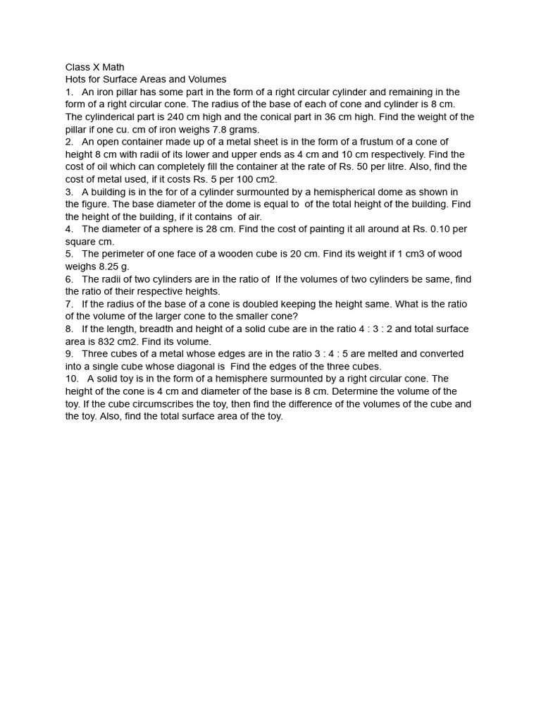 Class X Math: Surface Area & Volume Problems | PDF