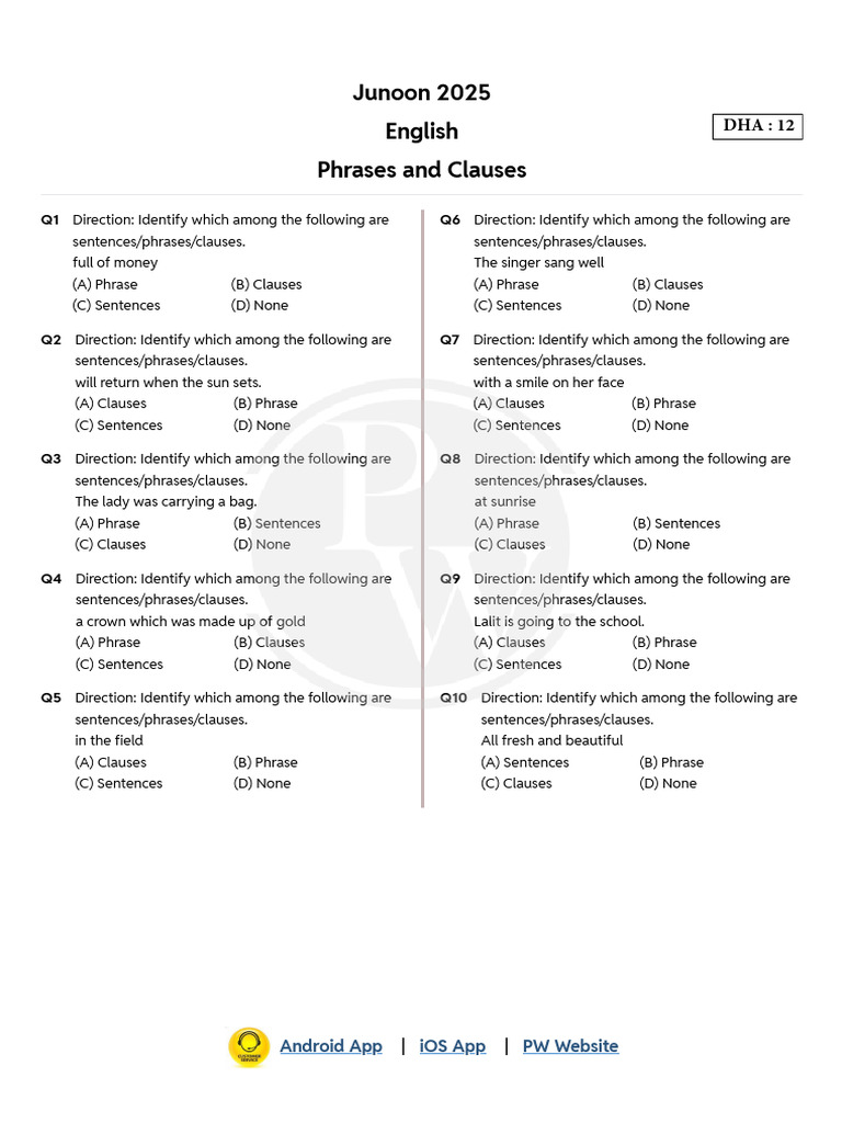 Grammar _ Phrases and Clauses _ DHA 12 __ Junoon 2025 | PDF | Phrase | Sentence (Linguistics)