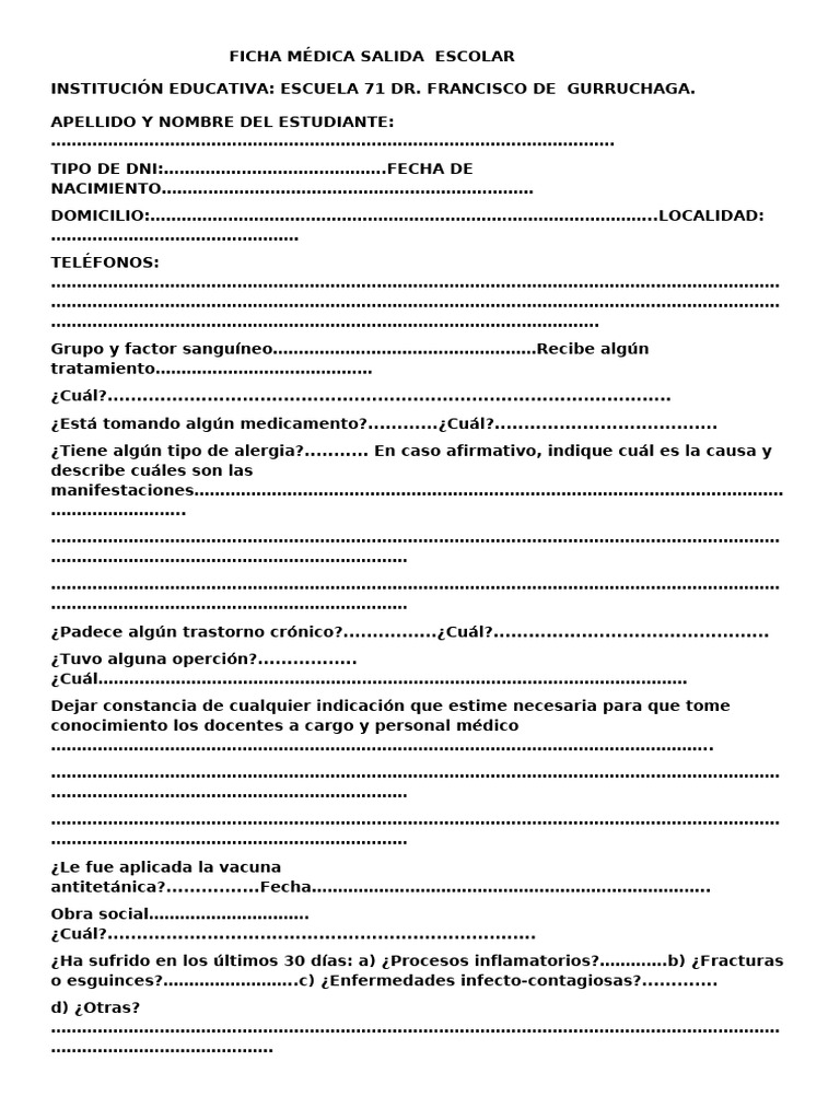 FICHA MÉDICA SALIDA ESCOLAR | PDF